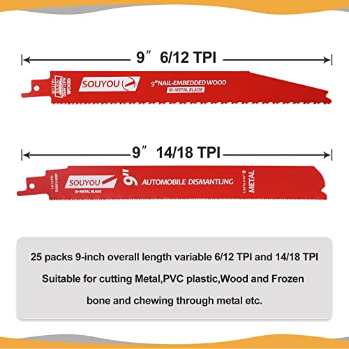 25 Pack 9 in 14/18 TPI Bi-Metal Reciprocating Saw Blades with Organizer Carbide Alloy Steel for Automobile Dismantling Metal Steel Cutting Non-Stick Coated for Less Heat for 1/16-5/16 Medium Metals