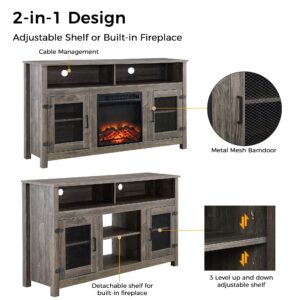 Modern 65" Fireplace TV Stand Farmhouse TV Stand with 23''Electric Fireplace,Storage Cabinet and Adjustable Shelves for Living Room,Bedroom(Grey)