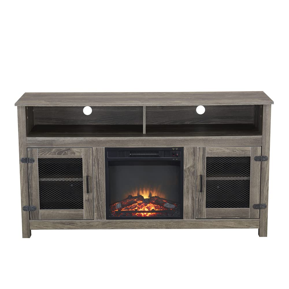 Modern 65" Fireplace TV Stand Farmhouse TV Stand with 23''Electric Fireplace,Storage Cabinet and Adjustable Shelves for Living Room,Bedroom(Grey)