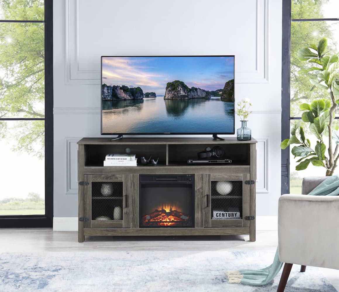 Modern 65" Fireplace TV Stand Farmhouse TV Stand with 23''Electric Fireplace,Storage Cabinet and Adjustable Shelves for Living Room,Bedroom(Grey)