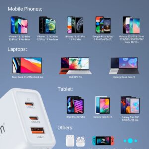 GMM Dual USB C Charger, 65W 3 Ports GaN Fast Charger Block, Compact Foldable Wall Charger for MacBook Pro/Air, iPhone 15 14, Apple Watch, iPad Pro, Galaxy S23, Pixel etc