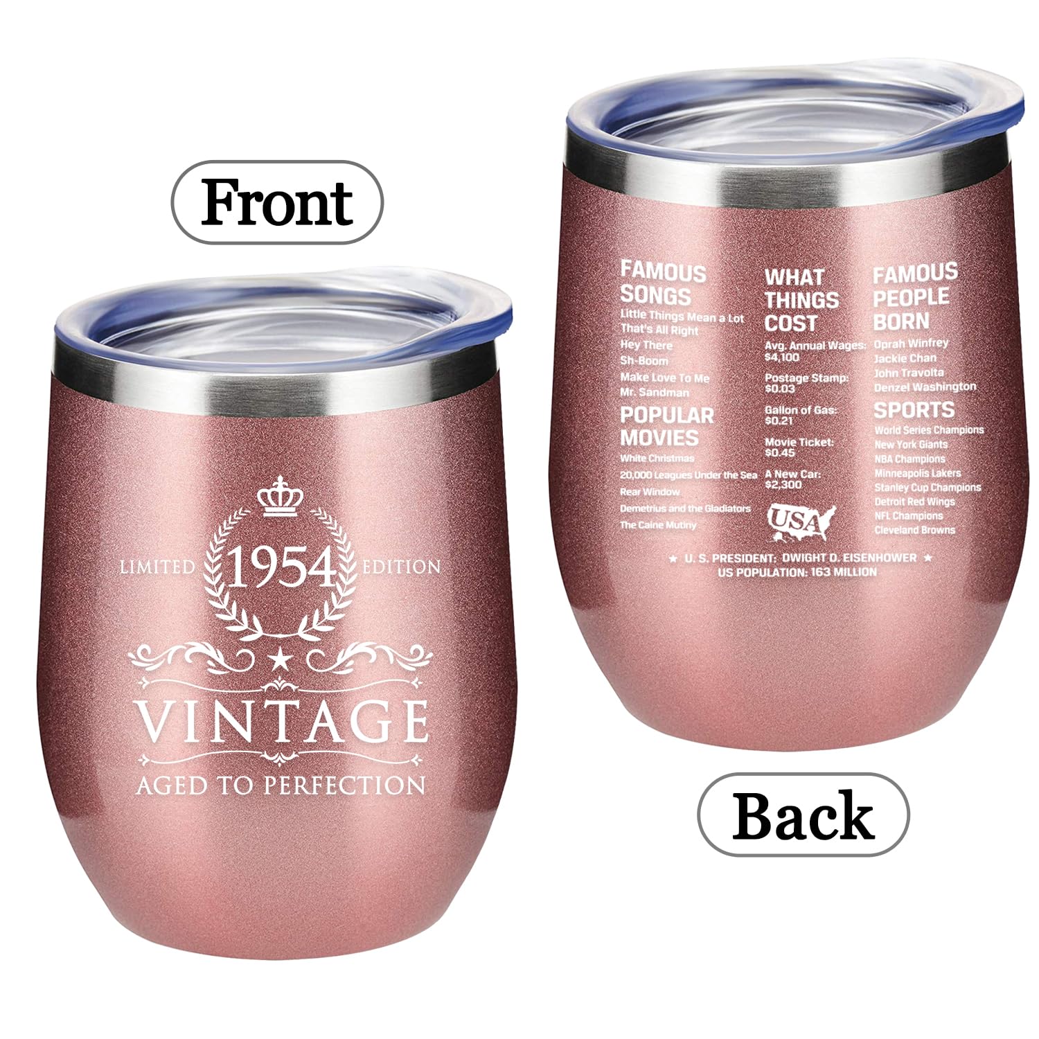 70th Birthday Gifts for Women and Men - 1954 70th Birthday Decorations - 12 Oz Insulated Stainless Steel Wine Tumbler with Lid for Her Wife Mom Grandma Aunt Friend, Rose Gold