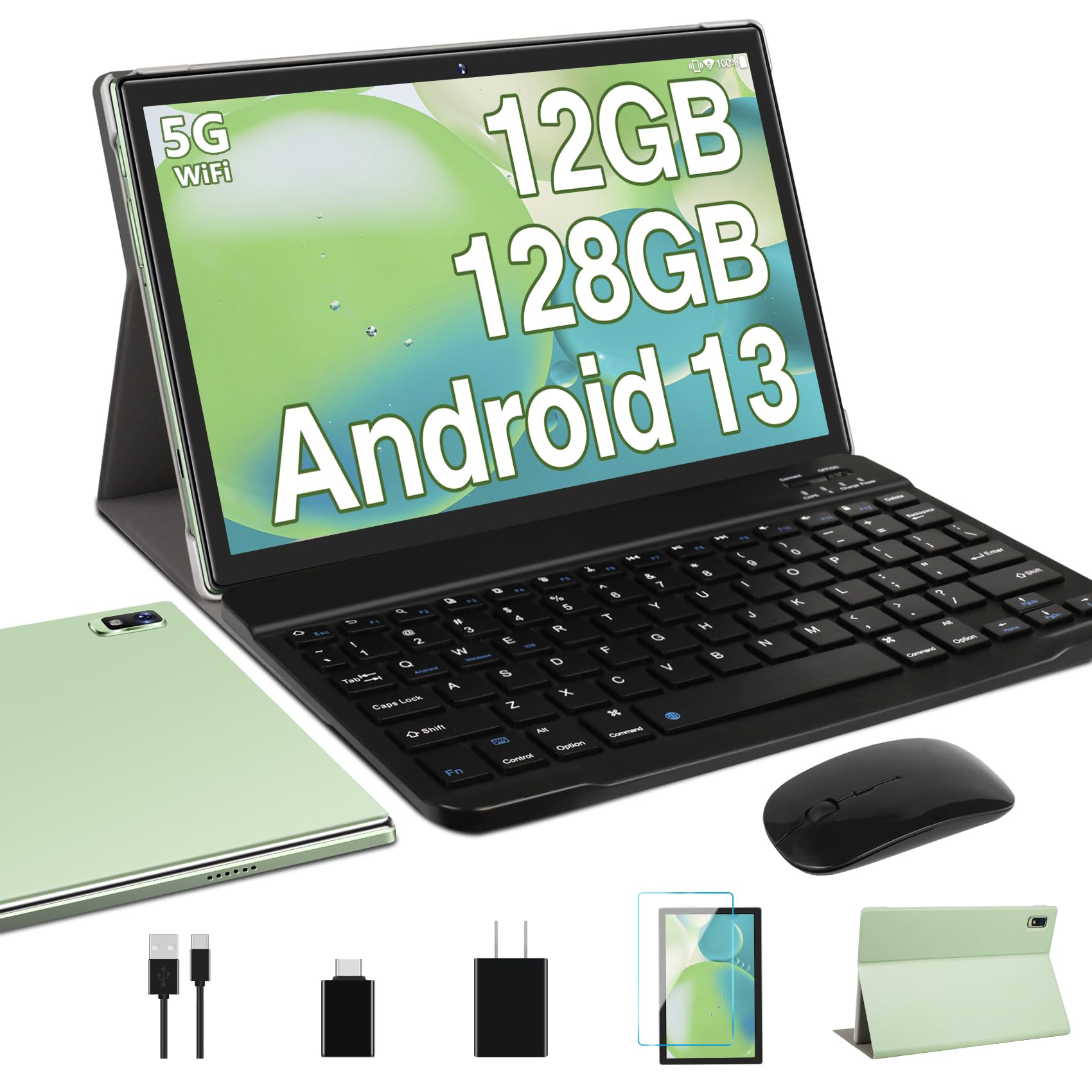 Oangcc Android 13 Tablet 10 Inch 2024 Latest with 12GB(6+6 Expand)+128GB Keyboard Mouse WiFi Bluetooth GPS 512GB Expand Support, Dual Camera Computer Tablets with Case - Green