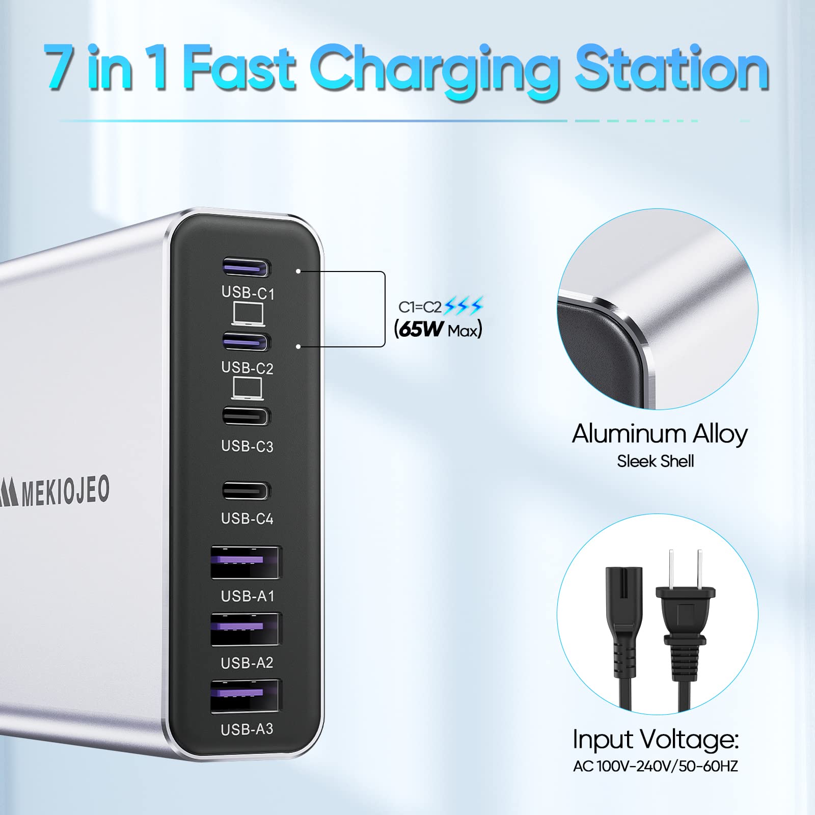 Aluminum Alloy 320W USB C Charger 7 Port Fast Charging Station,65W USB C Laptop Charger Compatible with MacBook Pro/Air (Silver-4C3A)