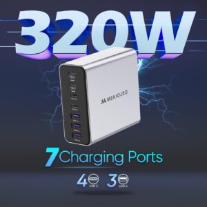 Aluminum Alloy 320W USB C Charger 7 Port Fast Charging Station,65W USB C Laptop Charger Compatible with MacBook Pro/Air (Silver-4C3A)