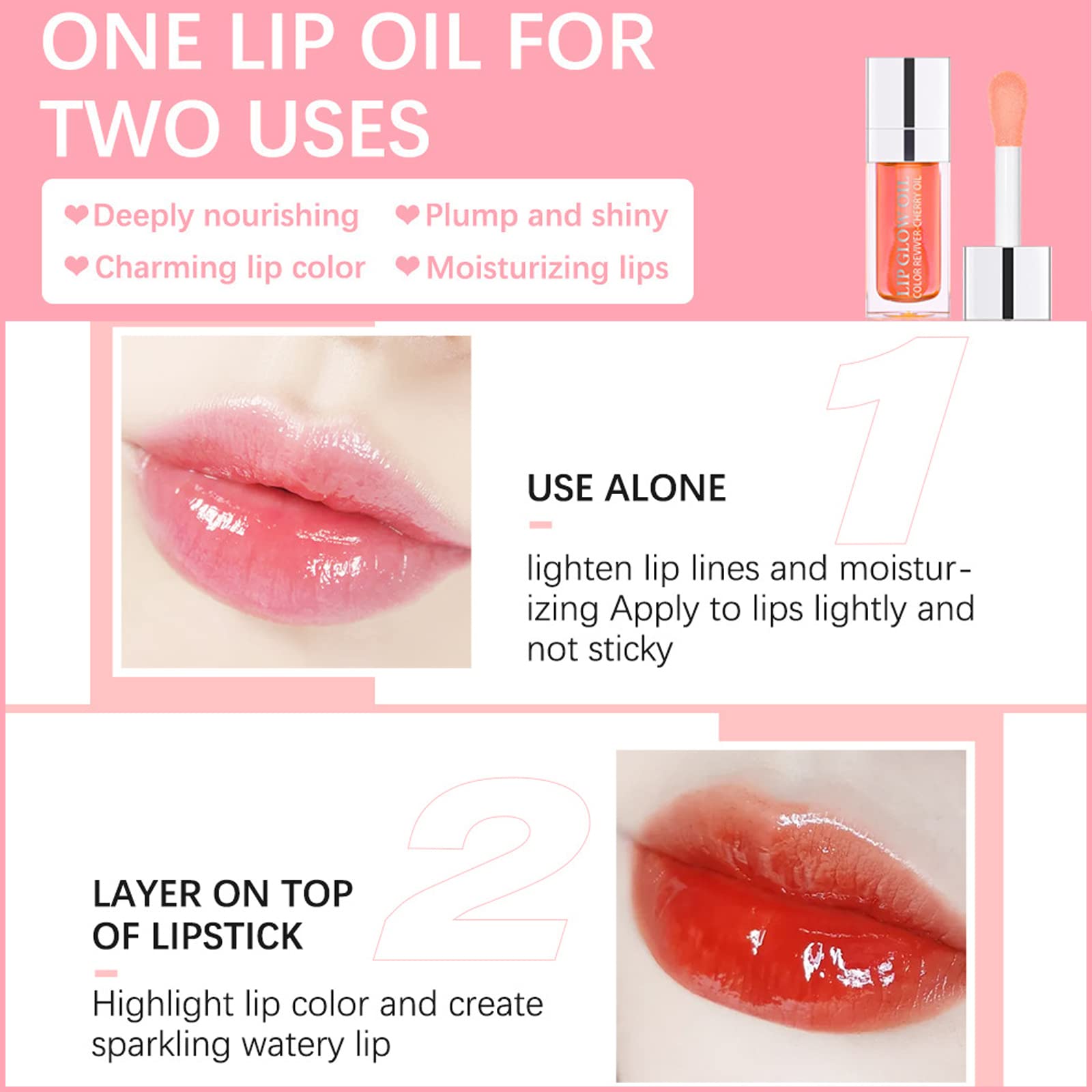 Loobexery Plumping Lip Oil Hydrating Lip Gloss Tinted Lip Balm Transparent Toot Lip Oil Lip Care, Big Brush Head Glitter Shine Long Lasting Moisturizing Lip Glow Oil (015#Cherry)