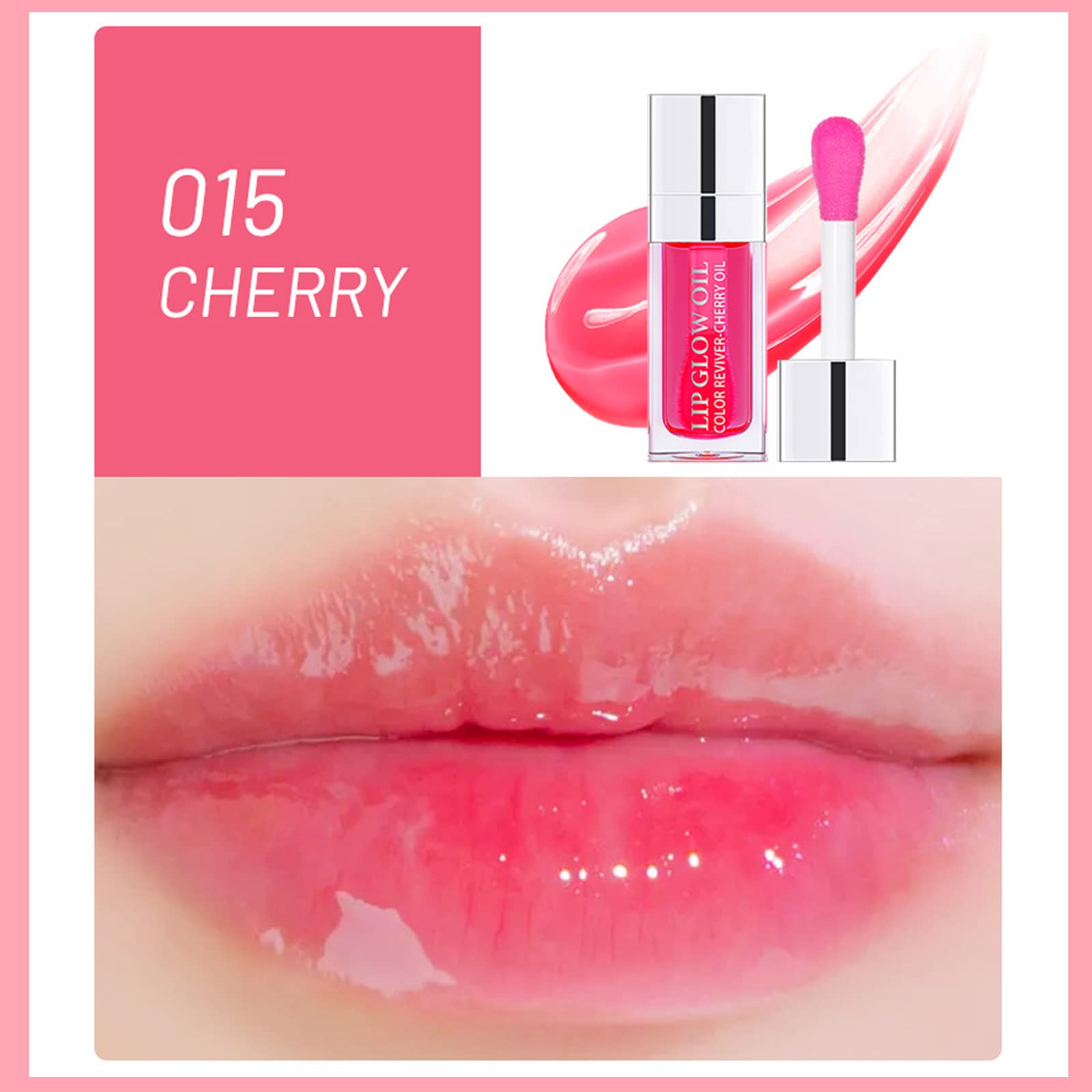 Loobexery Plumping Lip Oil Hydrating Lip Gloss Tinted Lip Balm Transparent Toot Lip Oil Lip Care, Big Brush Head Glitter Shine Long Lasting Moisturizing Lip Glow Oil (015#Cherry)