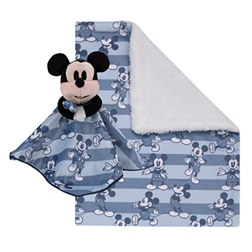 Disney Mickey Mouse Blue and Navy Striped Super Soft Sherpa Baby Blanket and Security Blanket 2-Piece Set