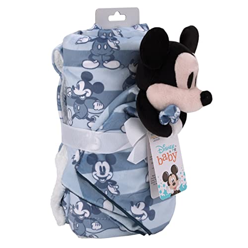 Disney Mickey Mouse Blue and Navy Striped Super Soft Sherpa Baby Blanket and Security Blanket 2-Piece Set