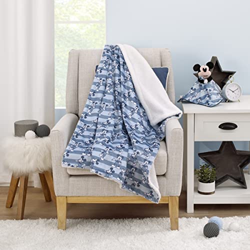 Disney Mickey Mouse Blue and Navy Striped Super Soft Sherpa Baby Blanket and Security Blanket 2-Piece Set