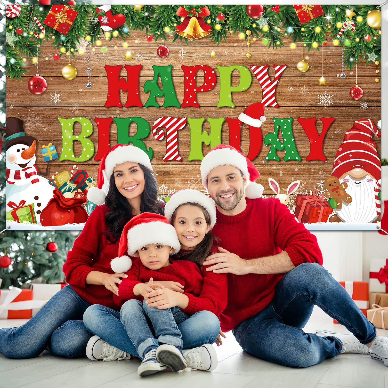 Christmas Birthday Theme Backdrop Merry Xmas Happy Birthday Background with Snowman and Gnome Pattern Xmas Birthday Photo Booth Background Christmas Party Backdrop for Kids Christmas Party Decoration