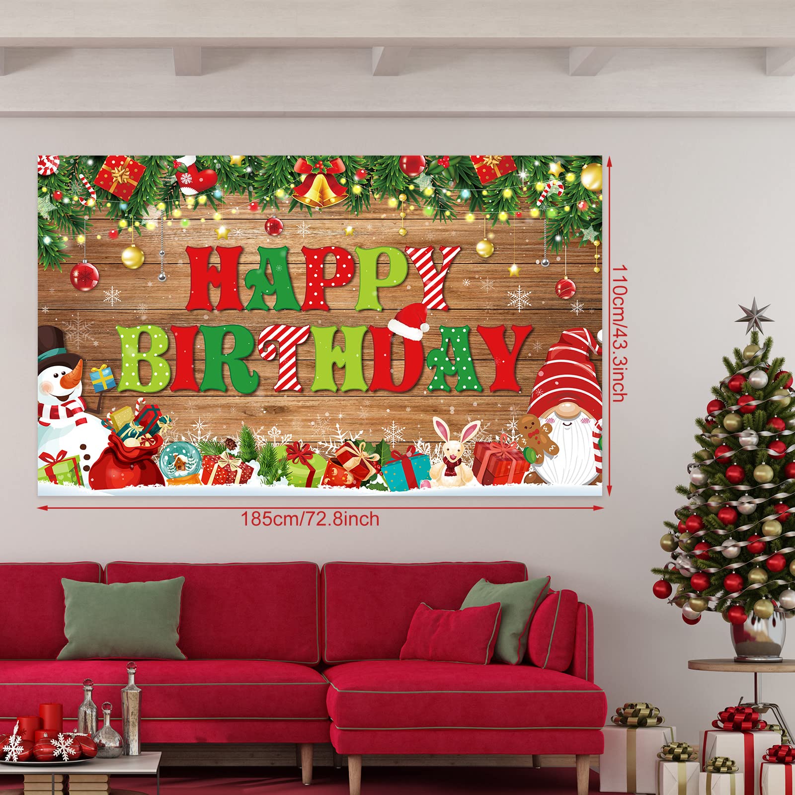 Christmas Birthday Theme Backdrop Merry Xmas Happy Birthday Background with Snowman and Gnome Pattern Xmas Birthday Photo Booth Background Christmas Party Backdrop for Kids Christmas Party Decoration