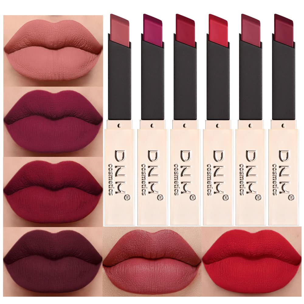 evpct DNM 6Pcs Dark Ruby Red Mauve Plum Purple Nude Beige Matte 24 Hour Lipstick Set for Women Waterproof Long Lasting 24 Hours Lipstick