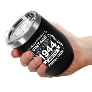 80th Birthday Gifts for Women and Men - 1944 80th Birthday Decorations - 12 Oz Insulated Stainless Steel Wine Tumbler with Lid for Her Wife Mom Grandma Aunt Friend, Black