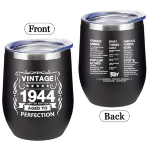 80th Birthday Gifts for Women and Men - 1944 80th Birthday Decorations - 12 Oz Insulated Stainless Steel Wine Tumbler with Lid for Her Wife Mom Grandma Aunt Friend, Black