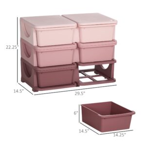 Qaba 3 Tier Kids Storage Unit, 6 Drawer Chest Toy Organizer Plastic Bins for Kids Bedroom Nursery Kindergarten Living Room for Boys Girls Toddlers, Pink