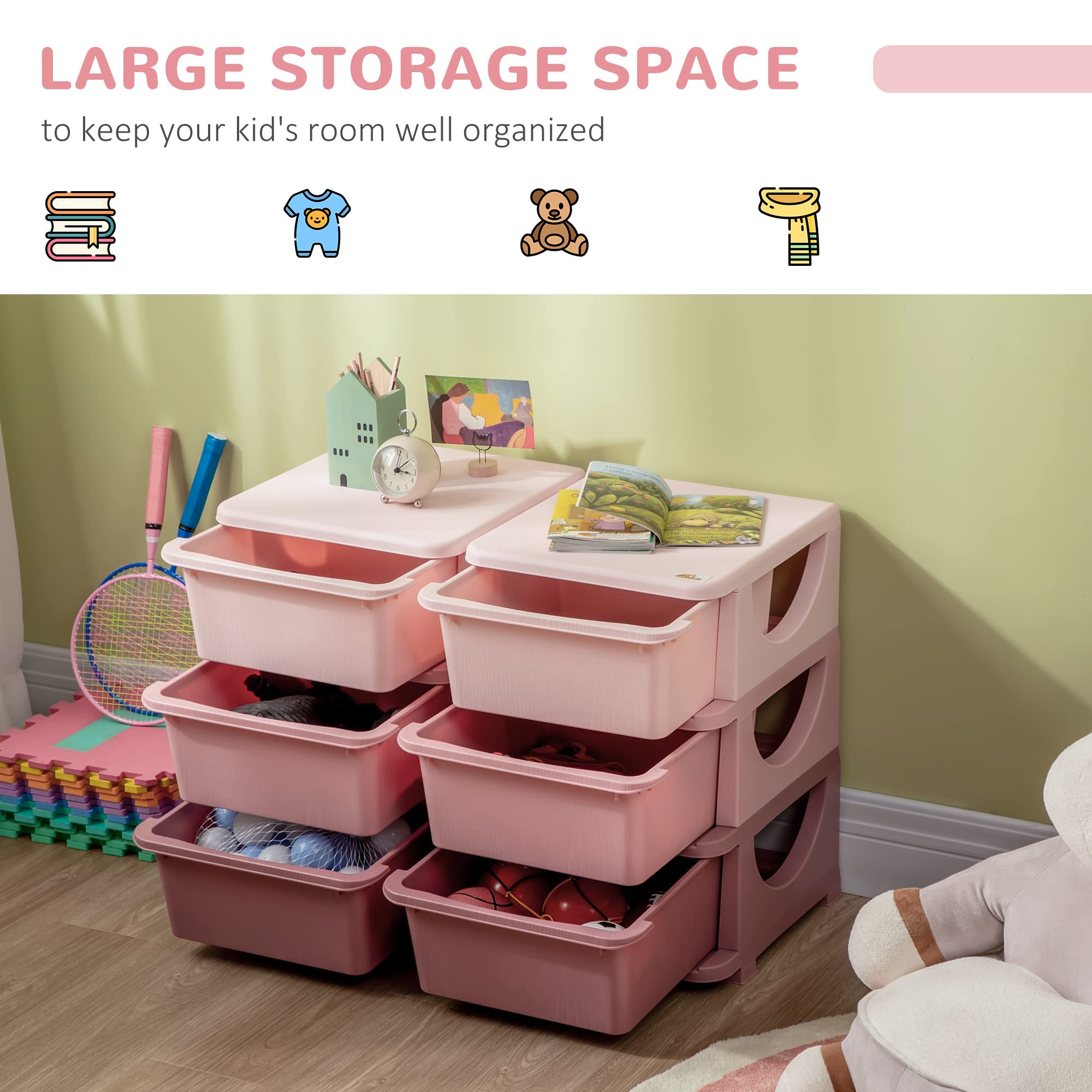 Qaba 3 Tier Kids Storage Unit, 6 Drawer Chest Toy Organizer Plastic Bins for Kids Bedroom Nursery Kindergarten Living Room for Boys Girls Toddlers, Pink