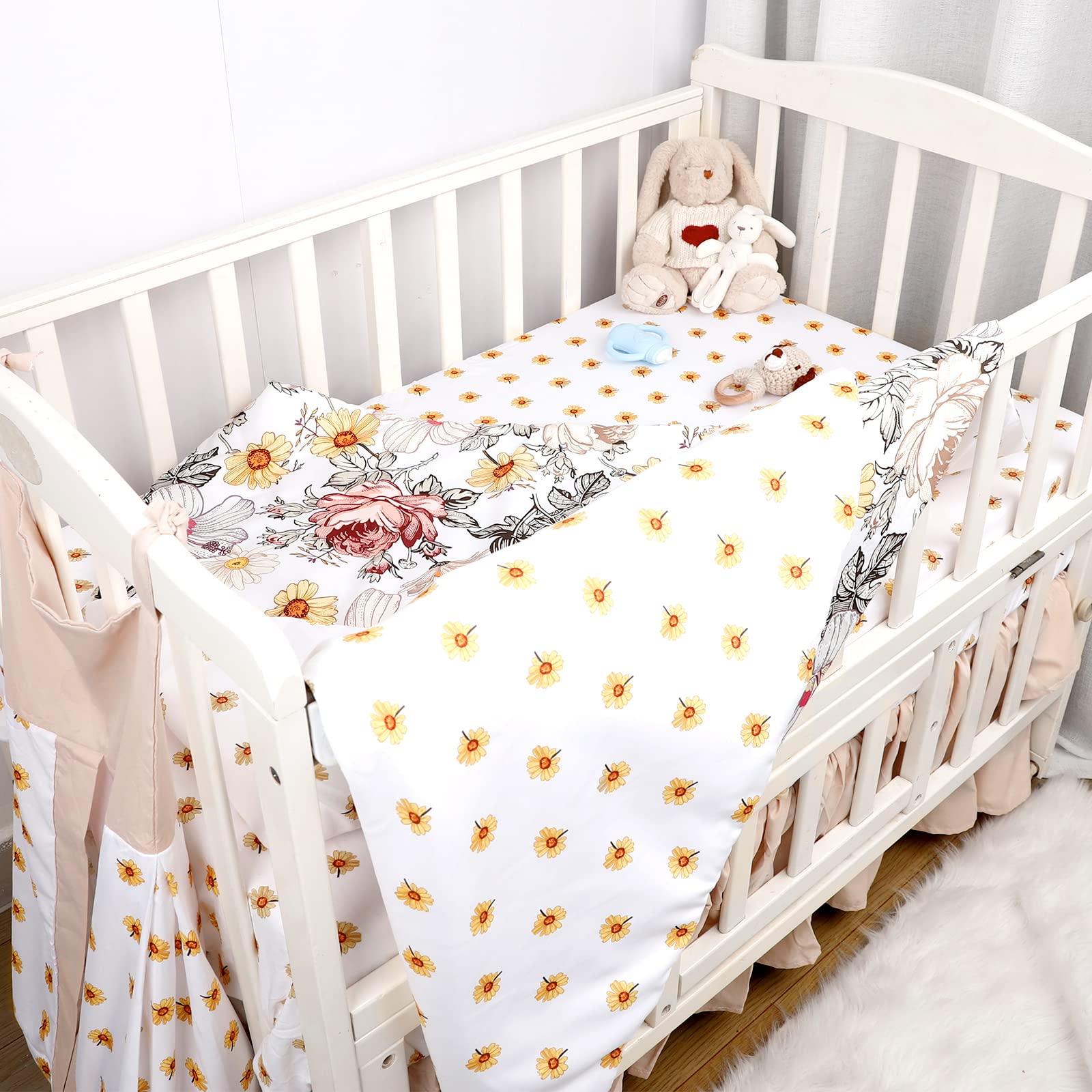 HNHUAMING 4-Piece Crib Bedding Set, Baby Girl Bedding Crib Set, Flower Crib Skirt, Baby Quilt, Crib Sheet and Diaper Stacker