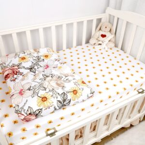 HNHUAMING 4-Piece Crib Bedding Set, Baby Girl Bedding Crib Set, Flower Crib Skirt, Baby Quilt, Crib Sheet and Diaper Stacker