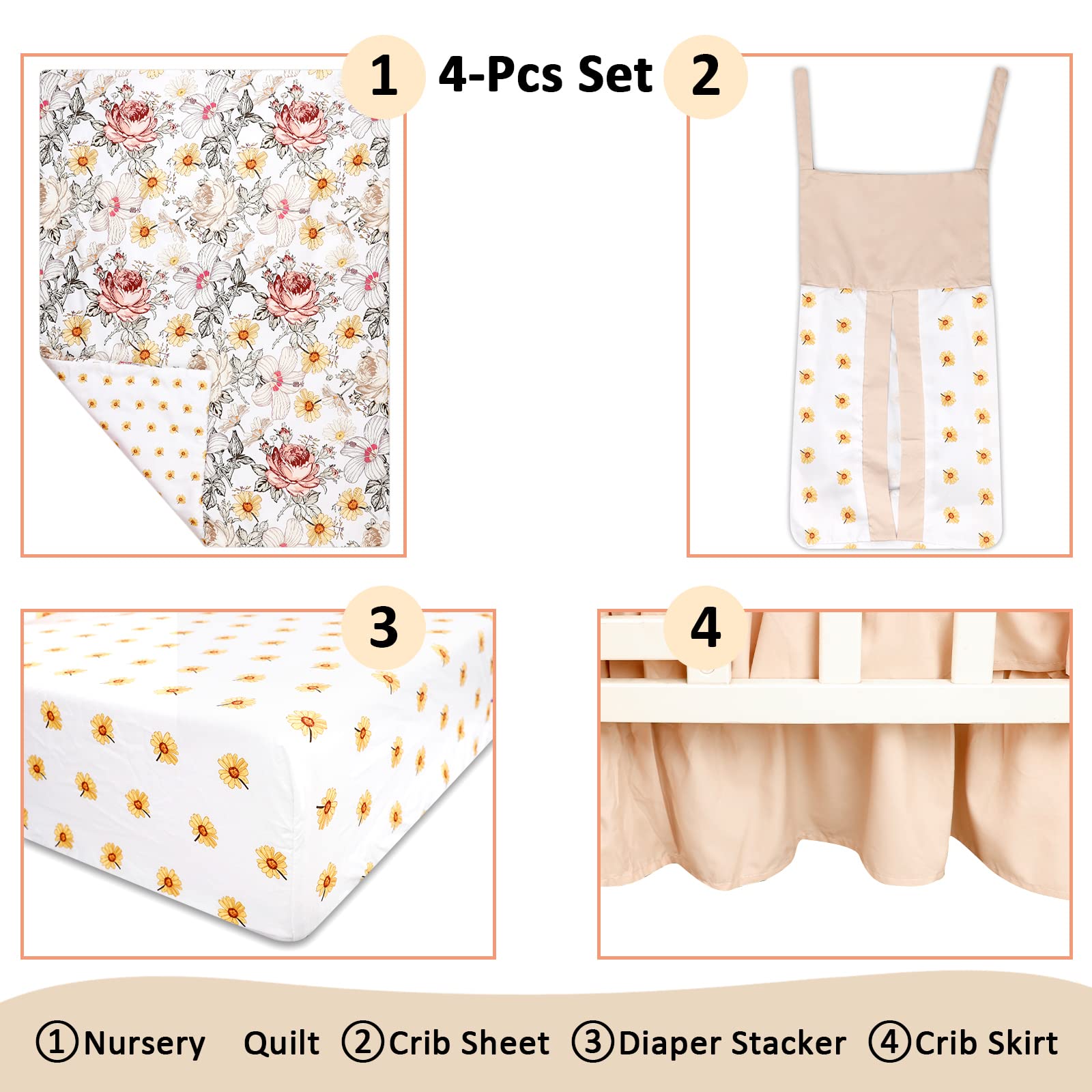 HNHUAMING 4-Piece Crib Bedding Set, Baby Girl Bedding Crib Set, Flower Crib Skirt, Baby Quilt, Crib Sheet and Diaper Stacker