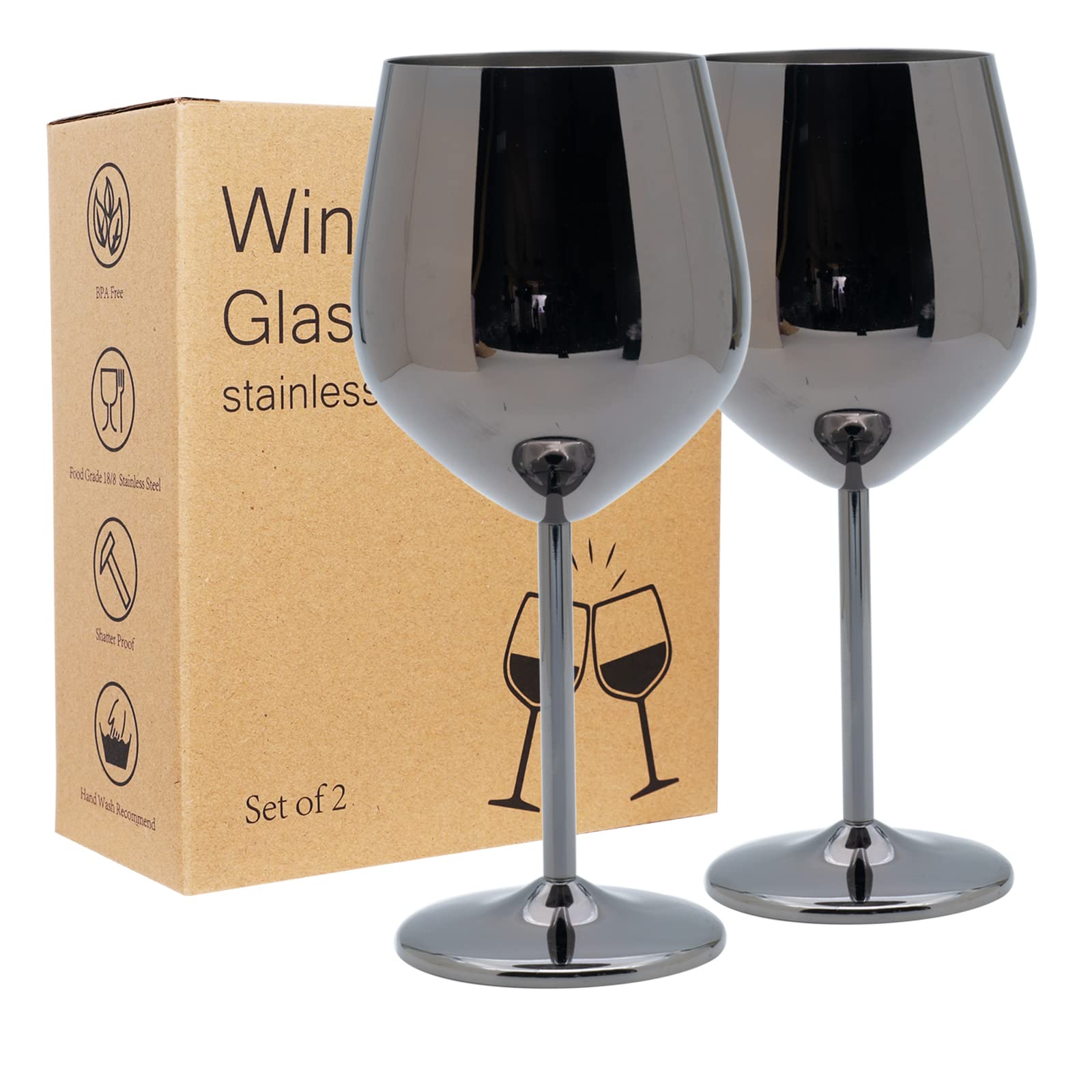 UNISWEET Stainless Steel Stem Wine Glasses 2PCS Stainless Steel Wine Goblets for Party Office Wedding Anniversary Great for Red White Wine