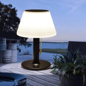 shumi Solar Table Lamp Outdoor Indoor - 3 Lighting Modes, Eye-Caring LED Cordless Waterproof Solar Desk Lamp with Pull Chain for Outside Patio Garden Bedroom Living Room (Modern Black Decor)