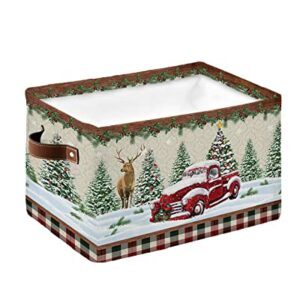 Christmas Storage Bins, Christmas Truck Xmas Tree Elk Snowflake Red Green Plaid Storage Baskets for Organizing Closet Shelves Clothes Decorative Fabric Baskets Large Storage Cubes with Handles