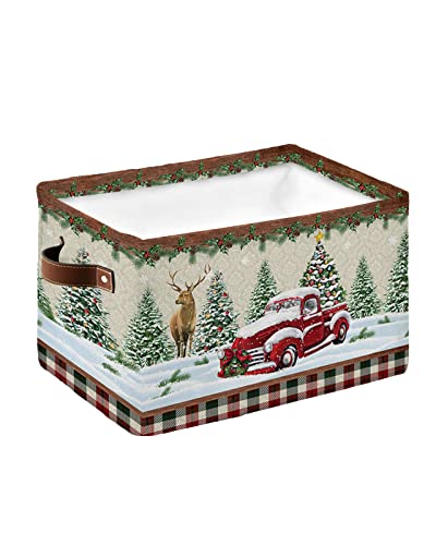 Christmas Storage Bins, Christmas Truck Xmas Tree Elk Snowflake Red Green Plaid Storage Baskets for Organizing Closet Shelves Clothes Decorative Fabric Baskets Large Storage Cubes with Handles