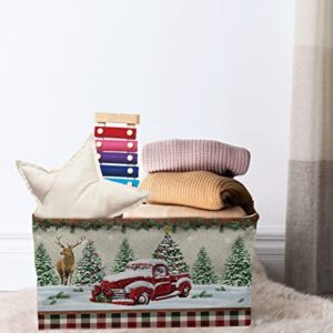 Christmas Storage Bins, Christmas Truck Xmas Tree Elk Snowflake Red Green Plaid Storage Baskets for Organizing Closet Shelves Clothes Decorative Fabric Baskets Large Storage Cubes with Handles