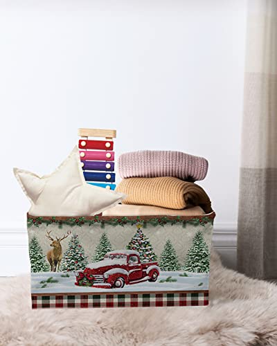 Christmas Storage Bins, Christmas Truck Xmas Tree Elk Snowflake Red Green Plaid Storage Baskets for Organizing Closet Shelves Clothes Decorative Fabric Baskets Large Storage Cubes with Handles