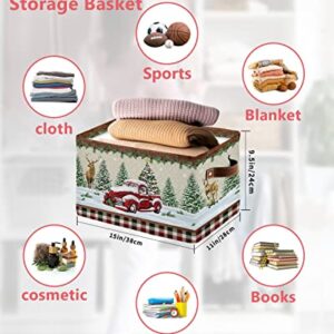 Christmas Storage Bins, Christmas Truck Xmas Tree Elk Snowflake Red Green Plaid Storage Baskets for Organizing Closet Shelves Clothes Decorative Fabric Baskets Large Storage Cubes with Handles