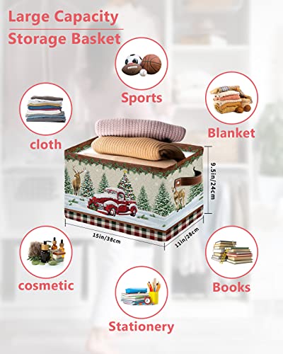 Christmas Storage Bins, Christmas Truck Xmas Tree Elk Snowflake Red Green Plaid Storage Baskets for Organizing Closet Shelves Clothes Decorative Fabric Baskets Large Storage Cubes with Handles