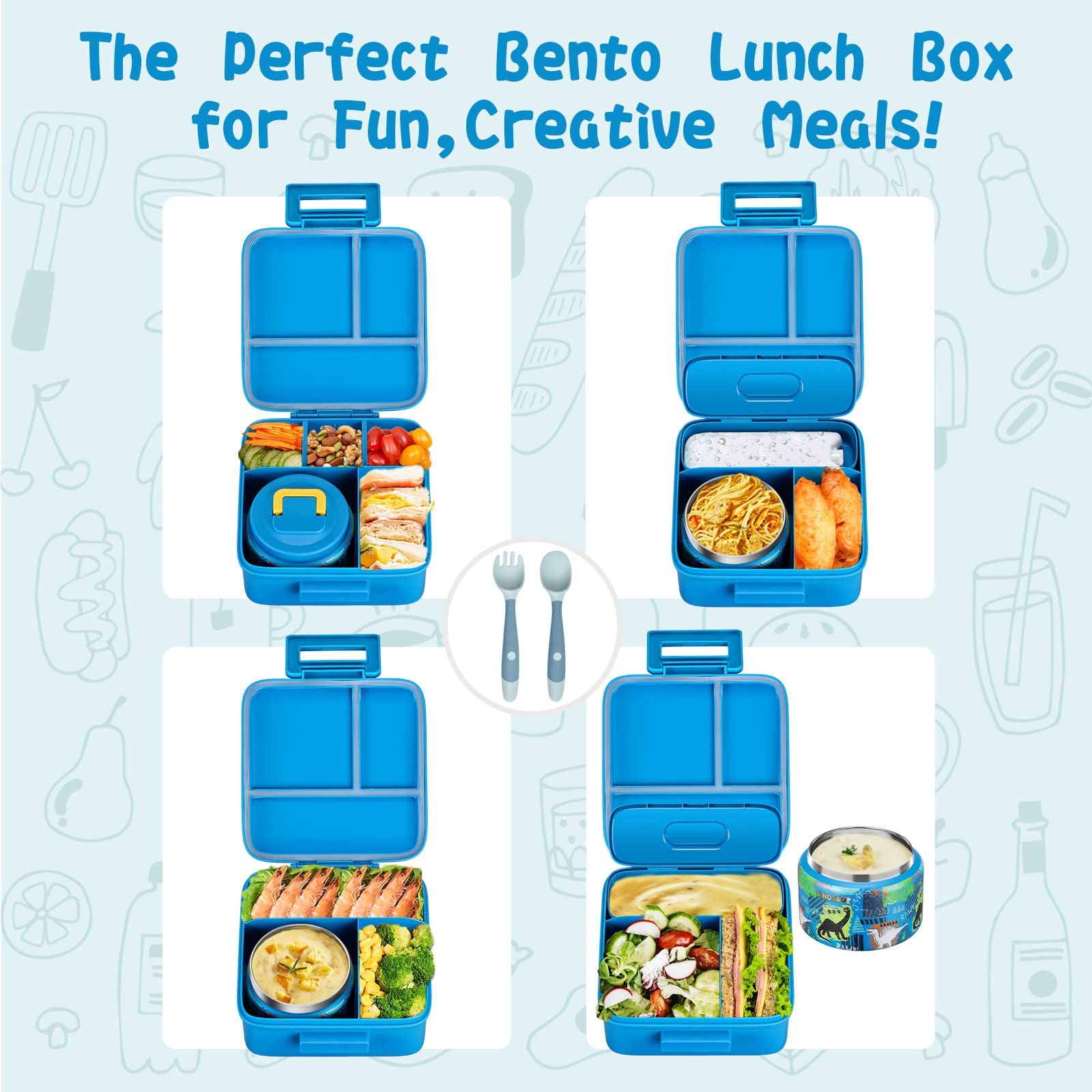 JXXM Bento Lunch Box for Kids With 8oz Soup thermo,Leak-proof Lunch Containers with 5 Compartment,thermo Food Jar and Lunch Bag, Food Containers for School (A-Blue(Dinosaur))