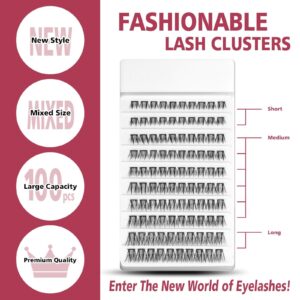 FLOMAZE Lash Clusters 100 Pcs DIY Eyelash Extension Wide Stem Lightweight Handmade Reusable Individual Lashes DIY at Home (Wings-100 pcs-Mixed)