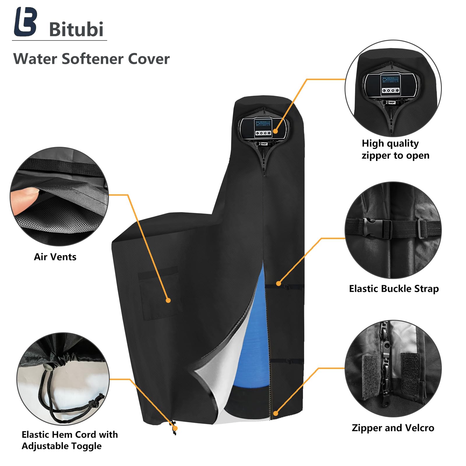 Bitubi Water Softener Cover with Split Zipper,Outdoor Water Softener Brine Tank Cover,Waterproof Anti-UV(64" H x 40" W x 16" D, Black) All Weather Protection