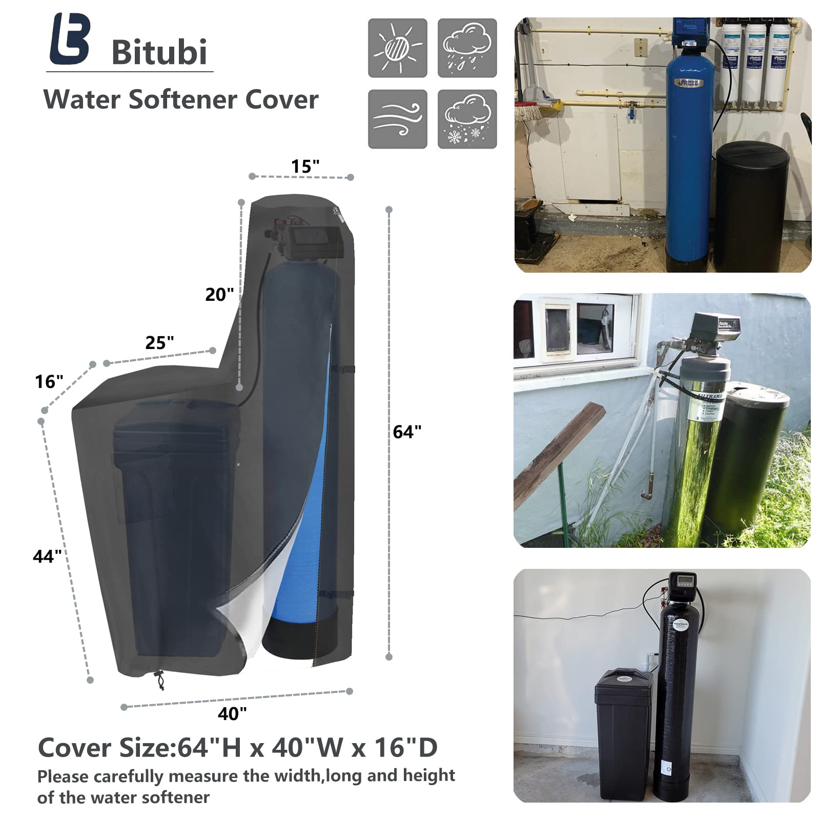 Bitubi Water Softener Cover with Split Zipper,Outdoor Water Softener Brine Tank Cover,Waterproof Anti-UV(64" H x 40" W x 16" D, Black) All Weather Protection