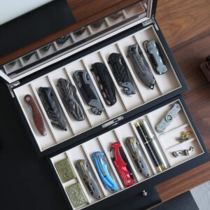 Besforu Pocket Knife Display Case for men collection holder 15-17 folding knife with Walnut Finish Two-Tier Knife organizer storage box with Real Glass Window Top (walnut veneer with draw)