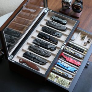 Besforu Pocket Knife Display Case for men collection holder 15-17 folding knife with Walnut Finish Two-Tier Knife organizer storage box with Real Glass Window Top (walnut veneer with draw)