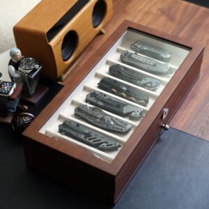 Besforu Pocket Knife Display Case for men collection holder 15-17 folding knife with Walnut Finish Two-Tier Knife organizer storage box with Real Glass Window Top (walnut veneer with draw)