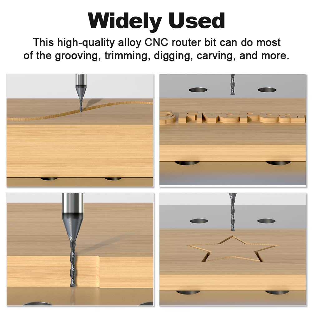 FivePears Up Cut Spiral Router Bit for CNC with Extreme Life Coated, 1/16" Cutting Diameter, 1/2" Cutting Length, 1/4 inch Shank Carbide End Mill for Wood Carving Engraving Grinding Grooving