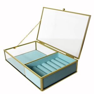 Ylu Yni Glass Jewelry Organizer Box Clear Keepsake Case with Gold Frame with Velvet Trinket Tray, Display Box for Earring Ring, Necklace, Accessories.