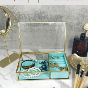 Ylu Yni Glass Jewelry Organizer Box Clear Keepsake Case with Gold Frame with Velvet Trinket Tray, Display Box for Earring Ring, Necklace, Accessories.