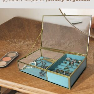 Ylu Yni Glass Jewelry Organizer Box Clear Keepsake Case with Gold Frame with Velvet Trinket Tray, Display Box for Earring Ring, Necklace, Accessories.