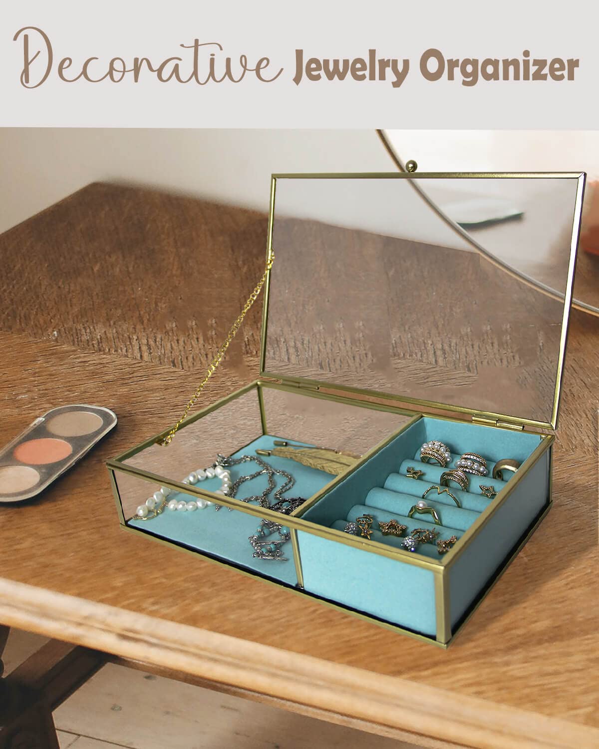 Ylu Yni Glass Jewelry Organizer Box Clear Keepsake Case with Gold Frame with Velvet Trinket Tray, Display Box for Earring Ring, Necklace, Accessories.