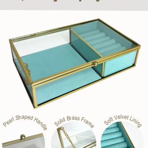 Ylu Yni Glass Jewelry Organizer Box Clear Keepsake Case with Gold Frame with Velvet Trinket Tray, Display Box for Earring Ring, Necklace, Accessories.