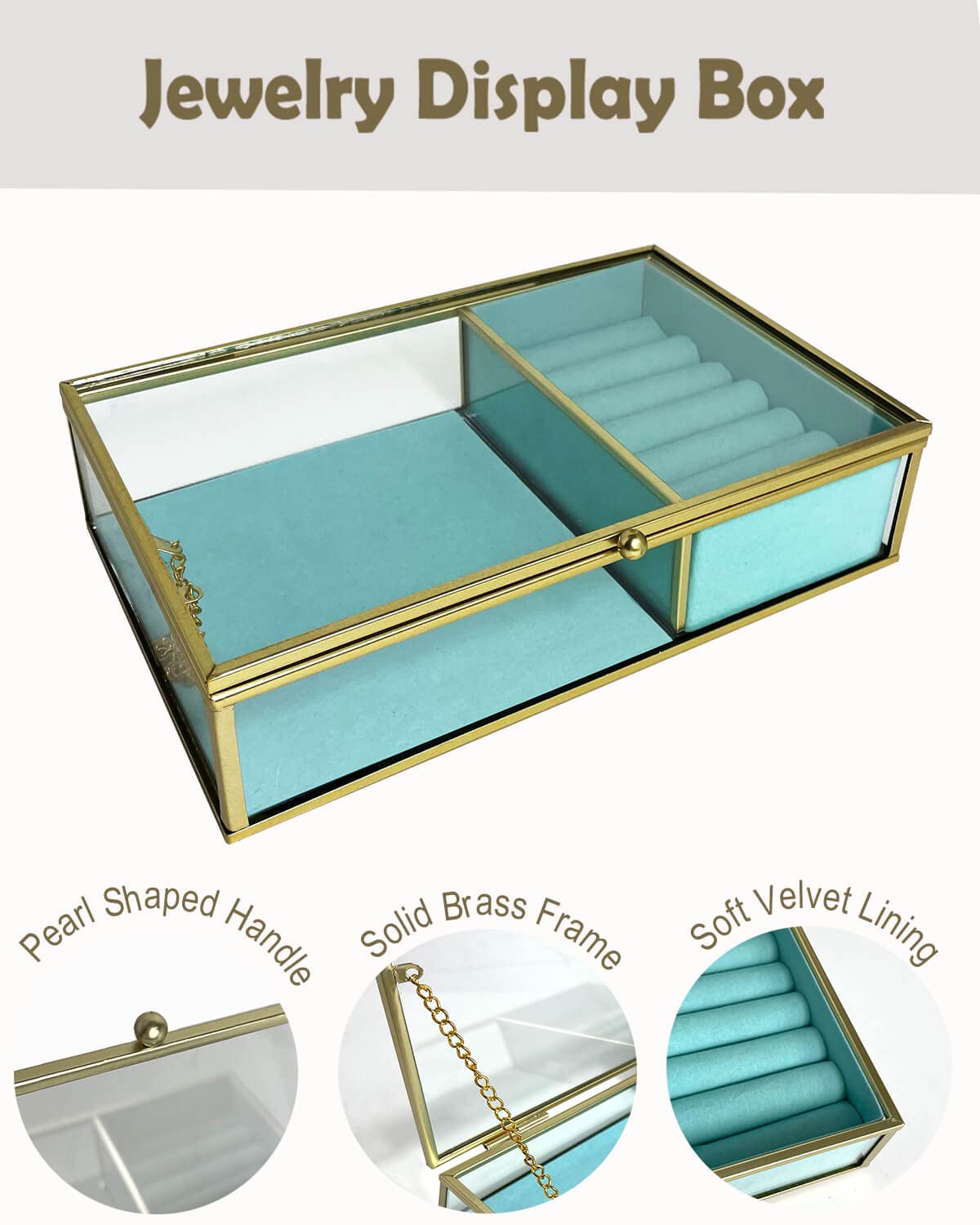 Ylu Yni Glass Jewelry Organizer Box Clear Keepsake Case with Gold Frame with Velvet Trinket Tray, Display Box for Earring Ring, Necklace, Accessories.