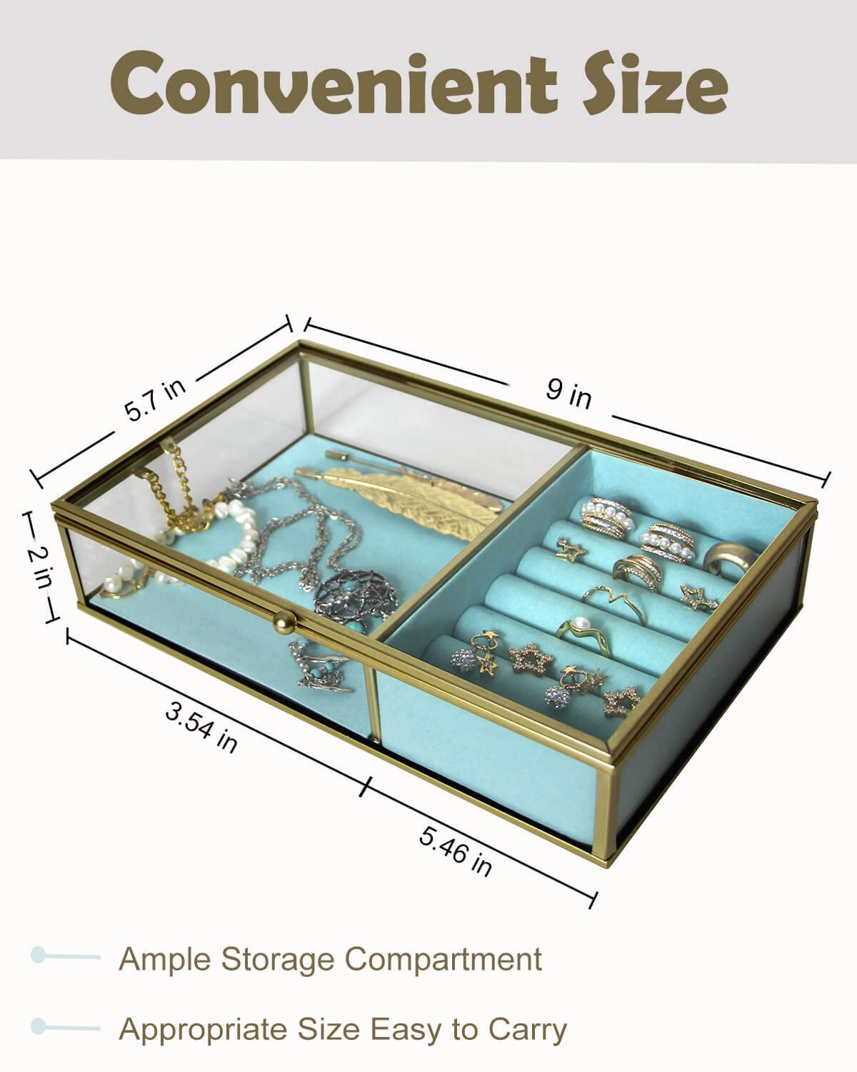 Ylu Yni Glass Jewelry Organizer Box Clear Keepsake Case with Gold Frame with Velvet Trinket Tray, Display Box for Earring Ring, Necklace, Accessories.