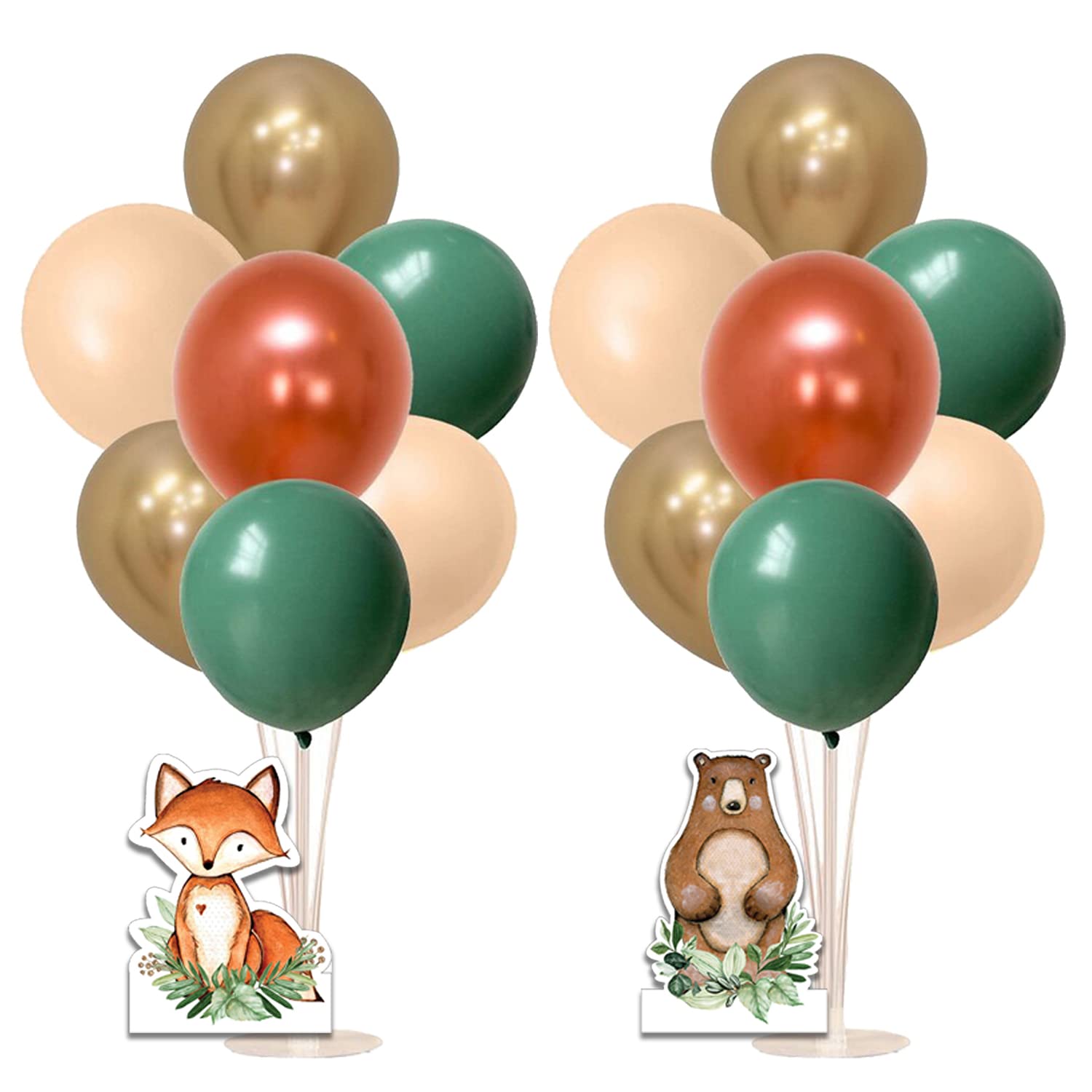 Woodland Balloon Stand Kit and Animals Centerpieces, 2 Set Table Stand Holder with 22 Balloons, Fox and Bear, Deer and Raccoon cutout, Wild one 1st Birthday Baby Shower Decorations (Fox and Bear)