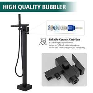 Hoimpro Freestanding Bathtub Faucet Waterfall Tub Filler Matte Black Floor Mount Brass Single Handle Bathroom Tub Faucets with 2 Function Hand Shower Wand