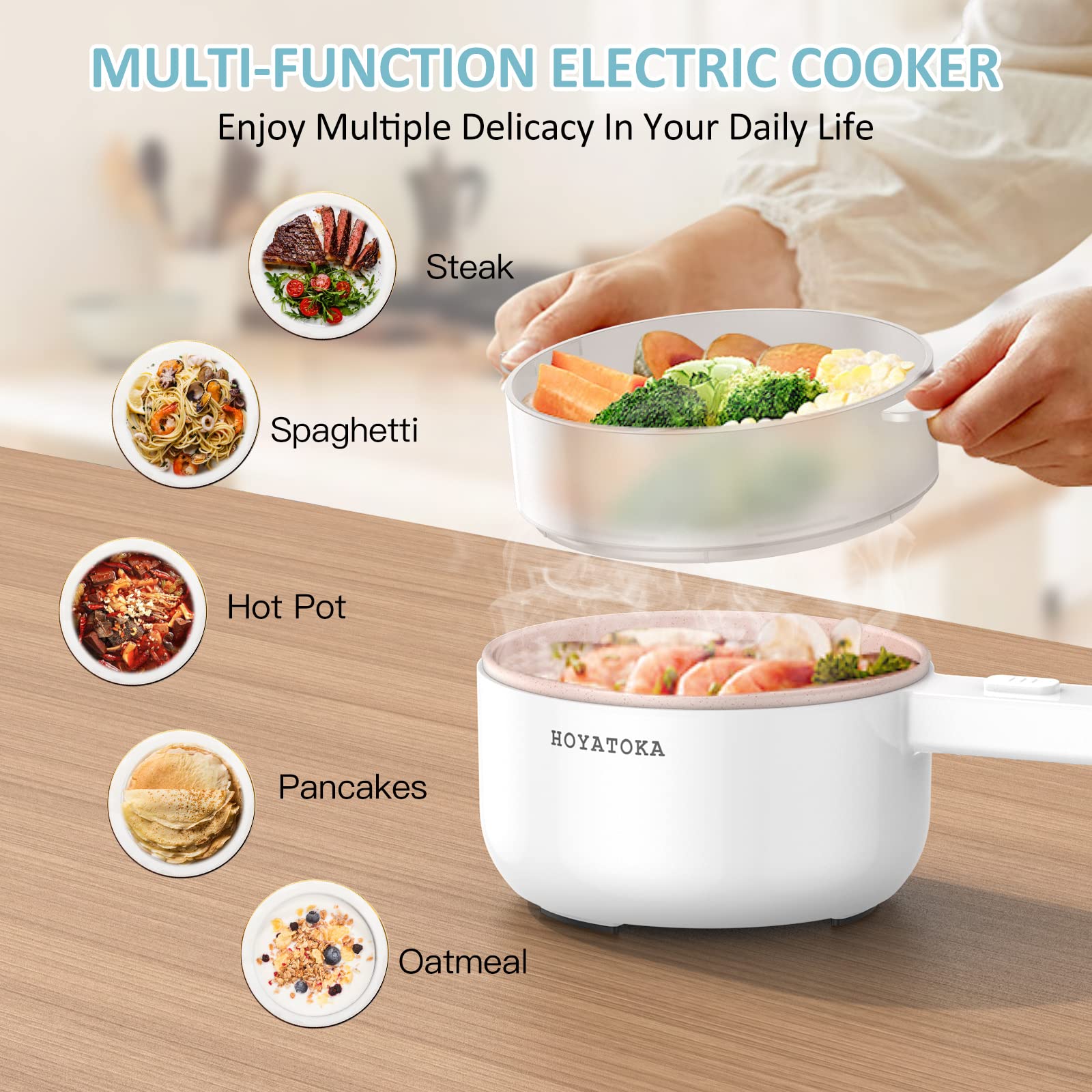 Hoyatoka Electric Hot Pot, 1.5L Portable Non-Stick Electric Cooker with Steamer, Multifunction Electric Pot for Stir Fry, Roast, Egg, Ramen Cooker with Dual Power Control for Dorm and Office, White